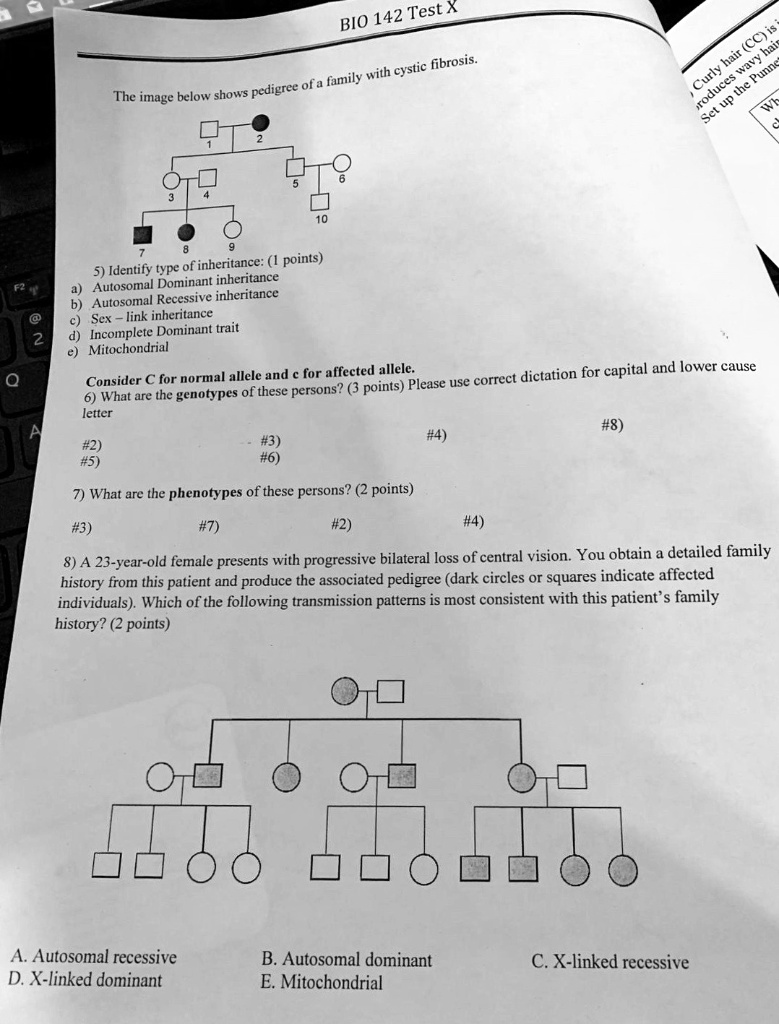 Solved Text Help With Q8 Please Bio142 Test X 10 5 Identify Type Of Inheritance 1 Point A