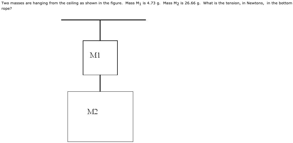 Two masses are hanging from the ceiling as shown in the figure Mass M1 is 4.73 g. Mass M2 is 26. ...
