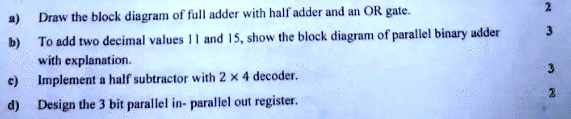 SOLVED: Draw the block diagram of a full adder with half adder and an OR gate. To add two ...