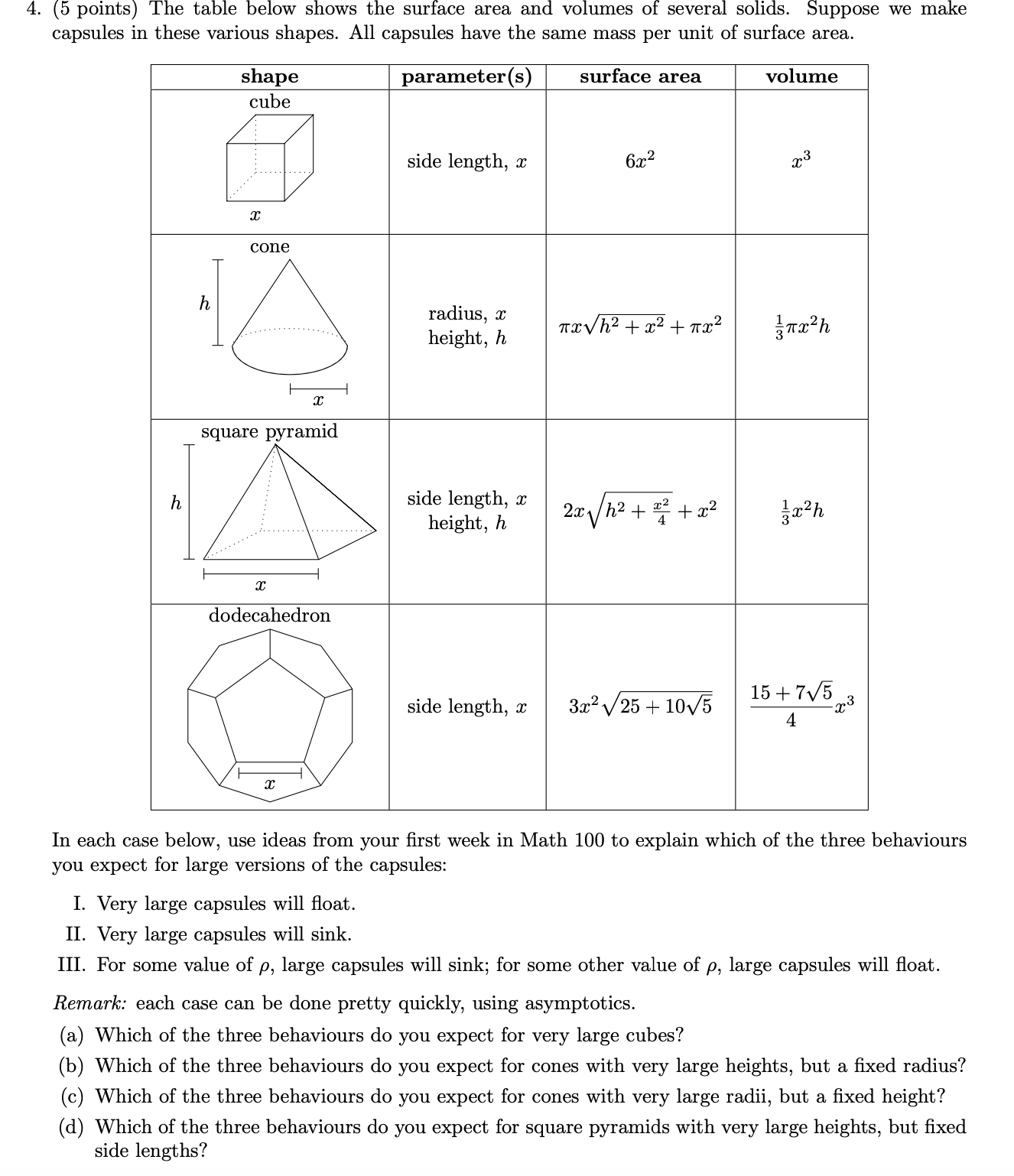 4 5 points the table below shows the surface area and volumes of ...