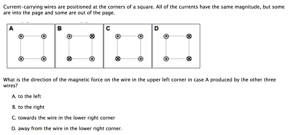 Current-carrying wires are positioned at the corners of a square. All ...