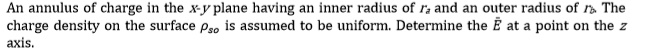 An annulus of charge in the x-y plane having an inner radius of ra and ...