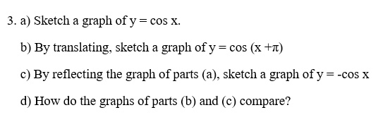 SOLVED: 3. a) Sketch a graph of y = cos x. b) By translating, sketch a graph of y = cos (x +t) c ...