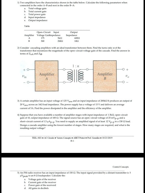 1 two amplifiers have the characteristics shown in the table below calculate the following ...