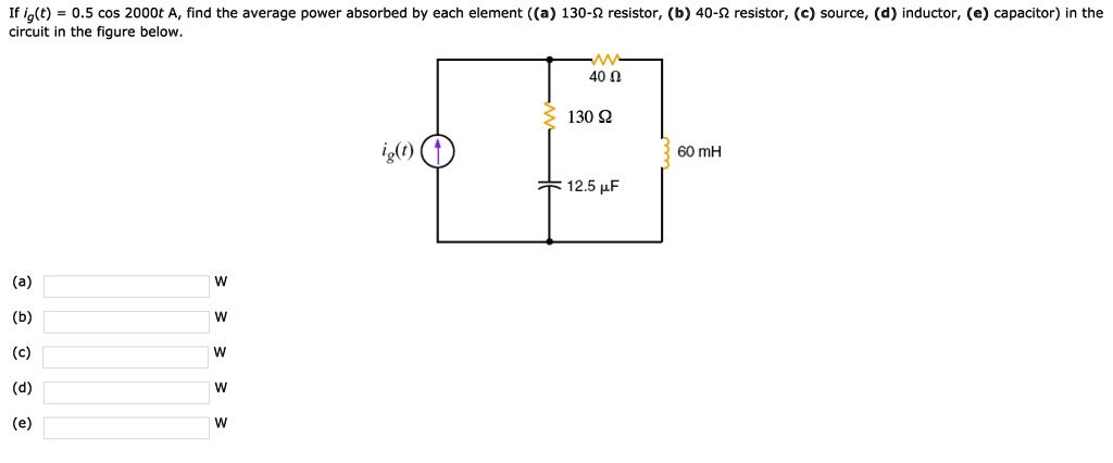 SOLVED: If ig(t) = 0.5 cos 2000t A, find the average power absorbed by each element ((a) 130-Î ...