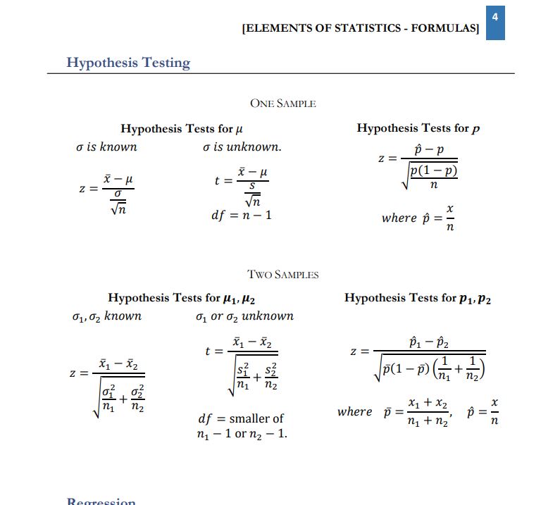 SOLVED: [ELEMENTS OF STATISTICS - FORMULAS] Hypothesis Testing ONE ...