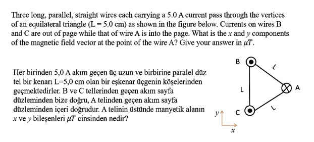 SOLVED: Three long; parallel, straight wires each carrying 5,0 A ...