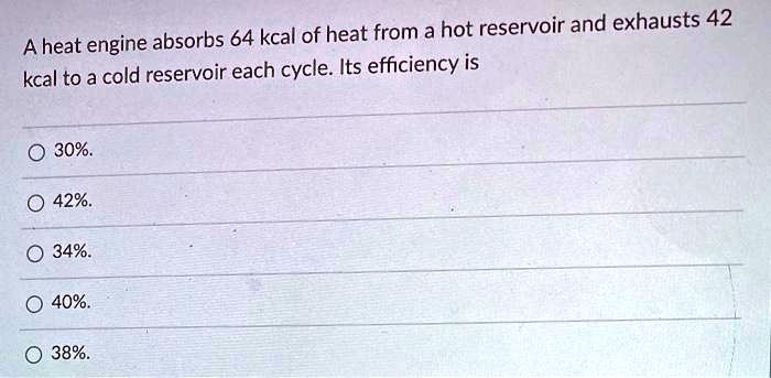 SOLVED: A heat engine 'absorbs 64 kcal of heat from a hot reservoir and ...