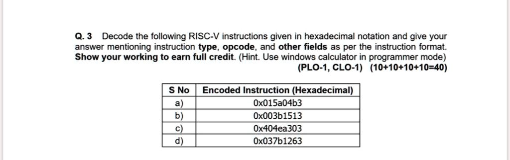 Q 3 Decode The Following Risc V Instructions Given In Hexadecimal Notation And Give Your Answer