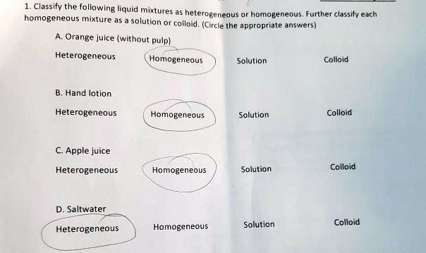 SOLVED: Classify the following liquid mixtures as heterogeneaus homogeneus mixture as a solution ...
