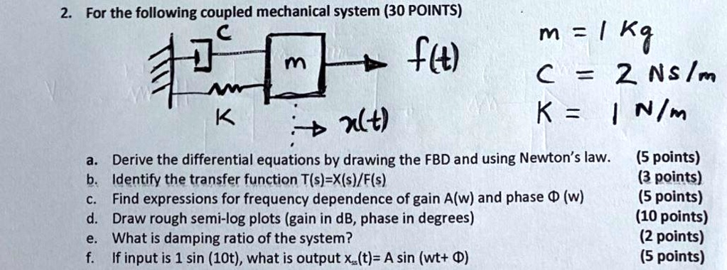 SOLVED: 2.For the following coupled mechanical system (30 POINTS by1=w C=2Ns1m K=1N/m (t)f m K ...