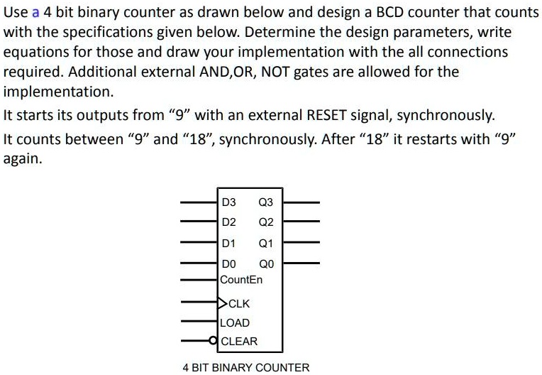 Use a 4 bit binary counter as drawn below and design a BCD counter that ...