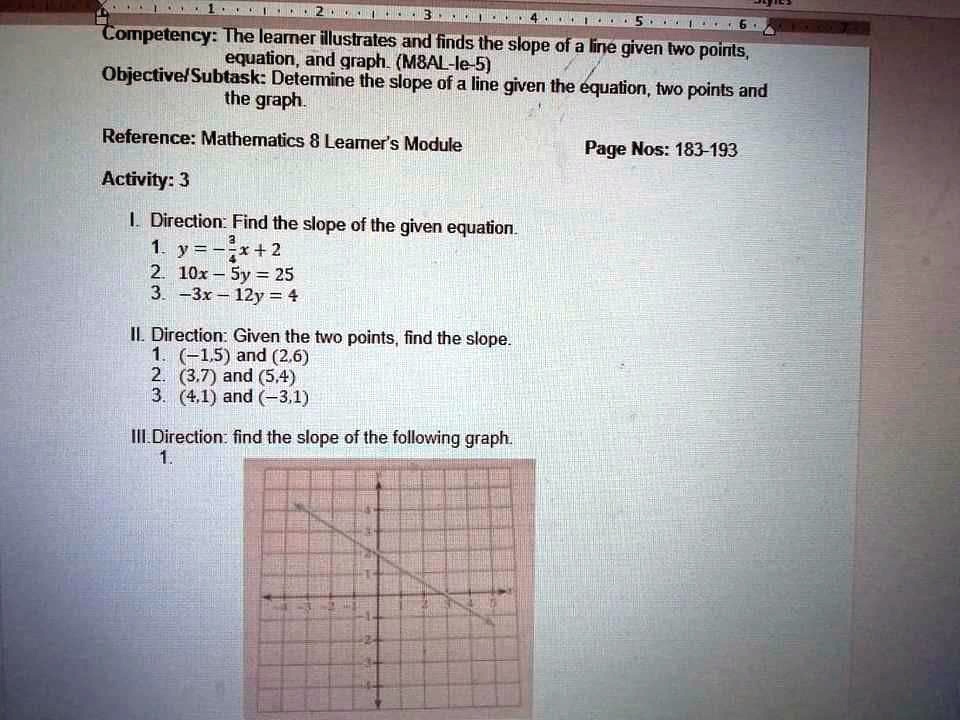 Competency: The learner illustrates and finds the slope of a line given ...