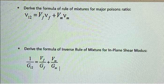 SOLVED: Derive the formula of the rule of mixtures for the major Poisson's ratio: Viz = Vf + VaV ...