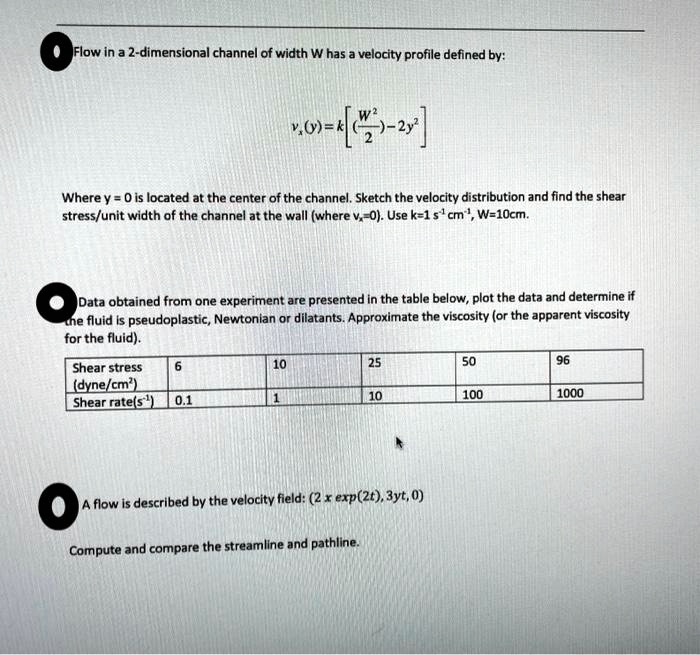 SOLVED: Flow in a 2-dimensional channel of width W has a velocity ...