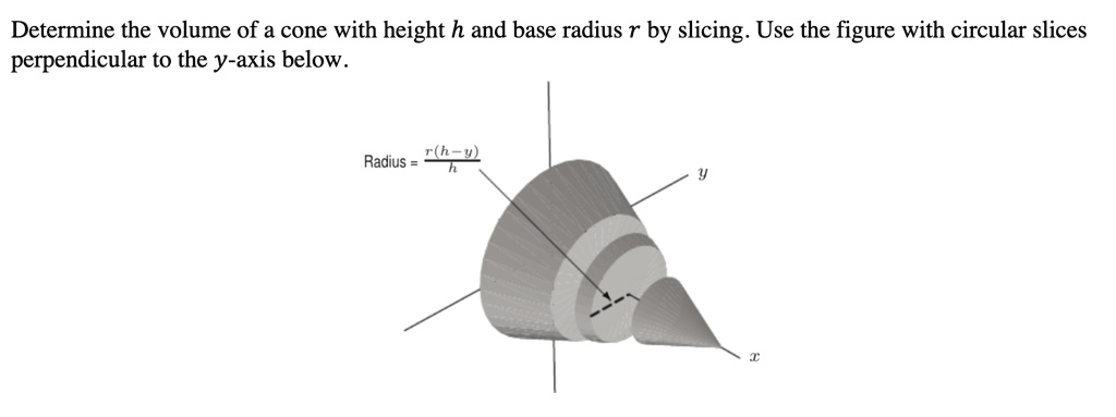 SOLVED: Determine the volume of a cone with height h and base radius r by slicing: Use the ...