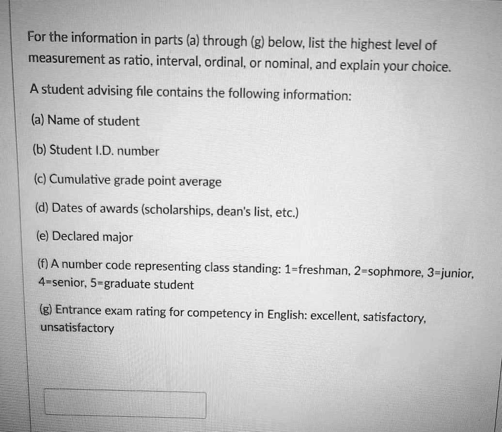 for the information in parts a through g below list the highest level ...
