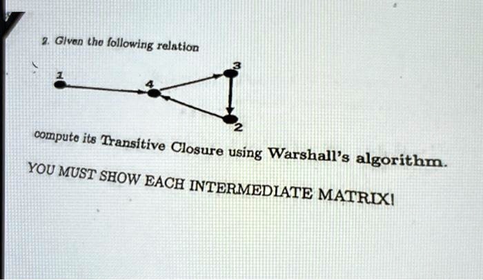 SOLVED: 2. Given the following relation 3, compute its Transitive ... SOLVED: 2. Given the following relation 3, compute its Transitive ...