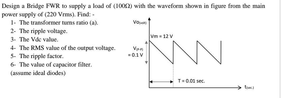Design a Bridge FWR to supply a load of (100 with the waveform shown in ...