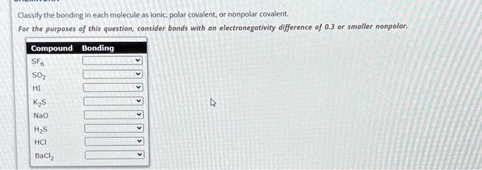 SOLVED: CompoundBonding SF6 Polar covalent SO2 Polar covalent HI Polar ...