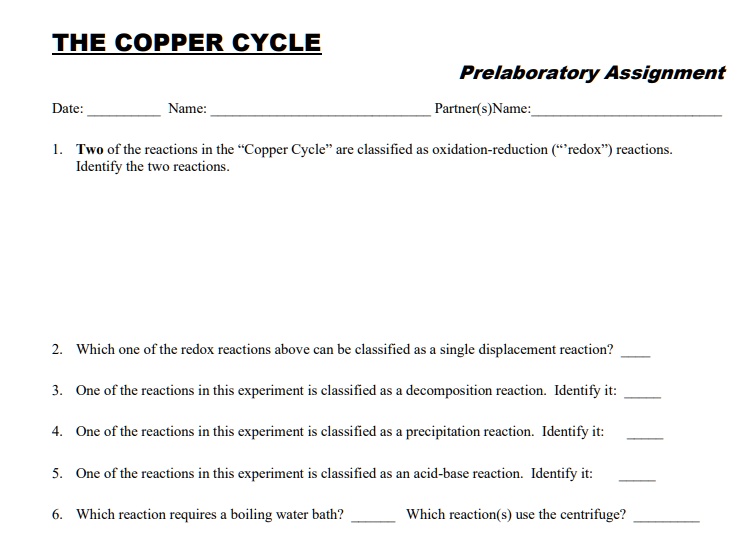 SOLVED:THE COPPER CYCLE Prelaboratory Assignment Date: Name: Partner(s ...