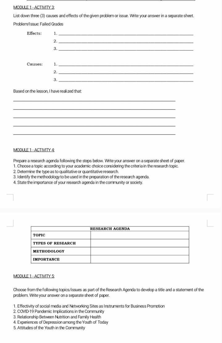 SOLVED: MODULE 1 - ACTIVITY 3 : List down three (3) causes and effects ...