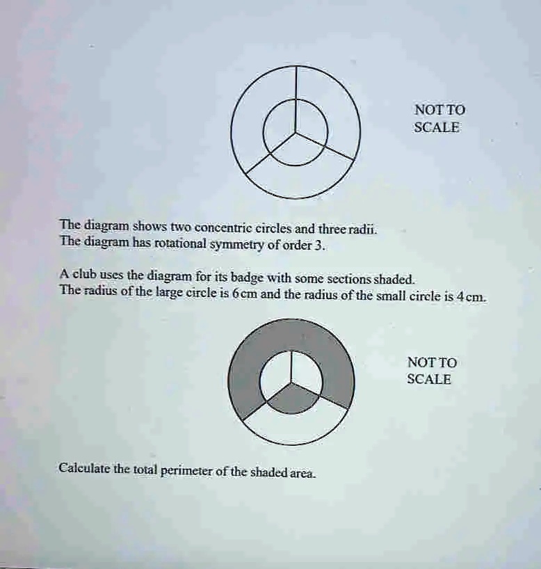 The diagram shows two concentric circles and three radii. The diagram has rotational symmetry of ...
