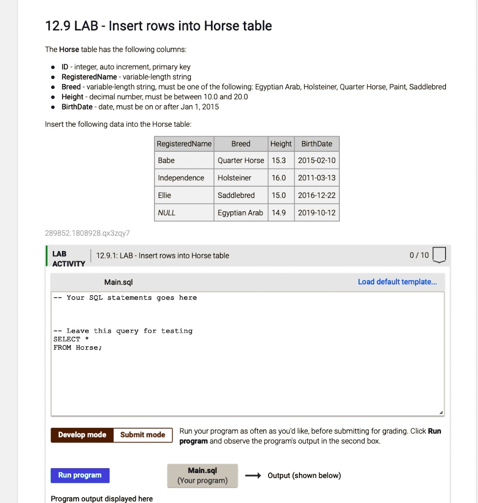 VIDEO solution: 12.9 LAB - Insert rows into Horse table The Horse table ...