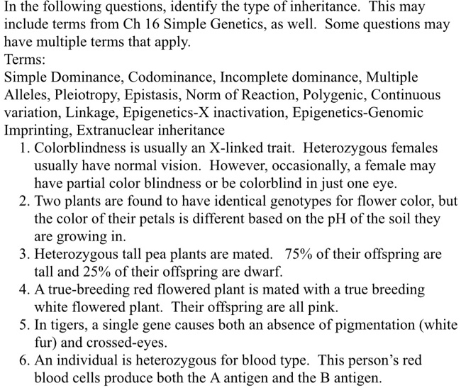 SOLVED: In the following questions, identify the type of inheritance. This may include terms ...