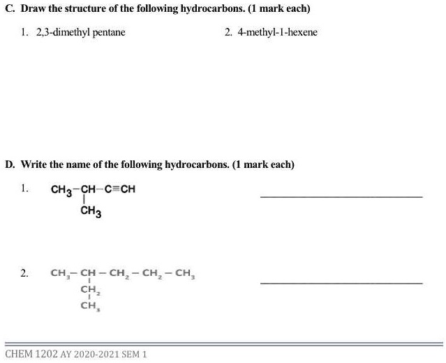 draw the structure of the following hydrocarbons 1 mark each 23 dimethyl pentane 2 4 methyl ...
