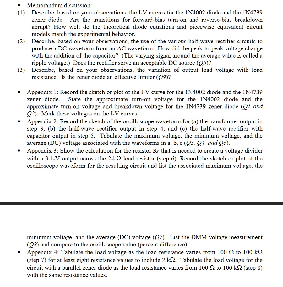 SOLVED: Memorandum Discussion (1) Describe, based on your observations, the I-V curves for the ...
