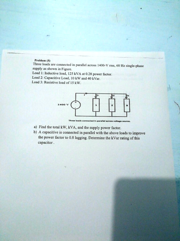 SOLVED: Problem (5): Three loads are connected in parallel across a 1400-V rms, 60 Hz single ...