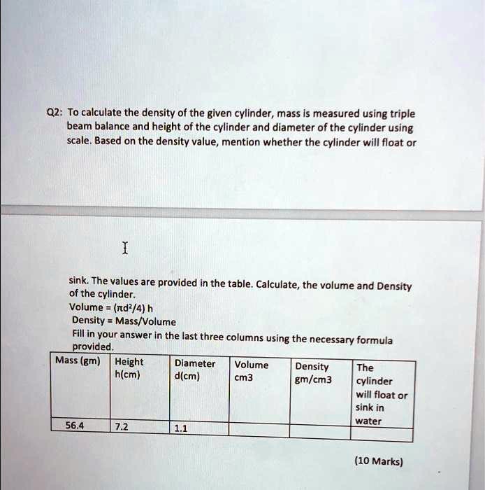 Q2: To calculate the density of the given cylinder, mass is measured ...