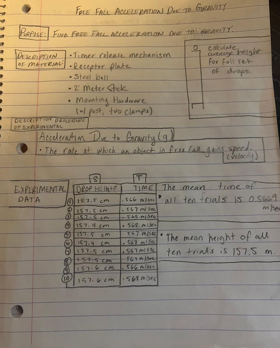 Free fall acceleration due to Gravity Purpose: FIND FREE FALL ...