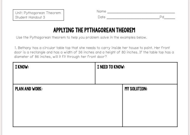 Please Show Your Work!! Unit: Pythagorean Theorem Student Handout 3 ...