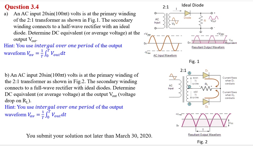 question 34 a an ac input 20sin100rt volts is at the primary winding of the 21 transformer as ...