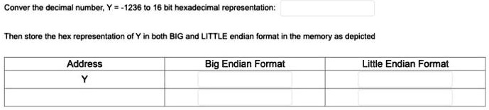 SOLVED: Convert the decimal number Y = 1236 to a 16-bit hexadecimal representation. Then store ...