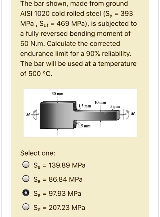 SOLVED: The bar shown, made from ground AISI1020 cold rolled steel (Sy ...