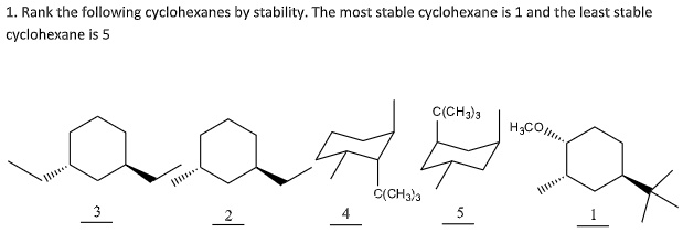 SOLVED: Rank the following cyclohexanes by stability. The most stable cyclohexane is 5, and the ...