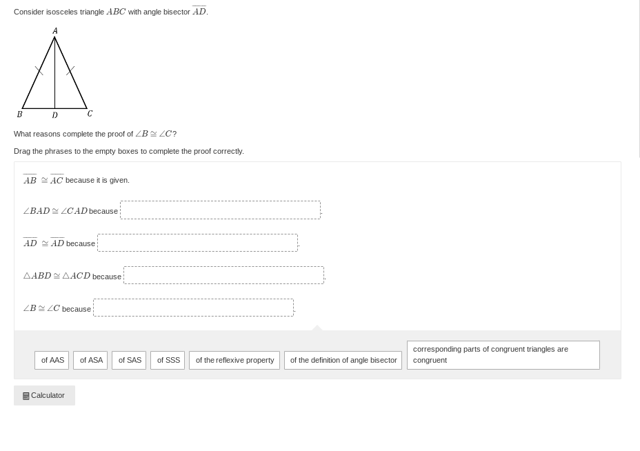 consider isosceles triangle a b c with angle bisector overlinea d what reasons complete the ...