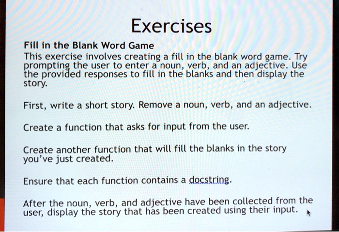 solve using python exercises fill in the blank word game this exercise ...