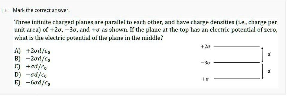 11- Mark the correct answer. Three infinite charged planes are parallel ...