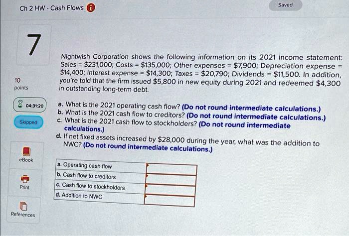 Ch2HW - Cash Flows Nightwish Corporation shows the following ...