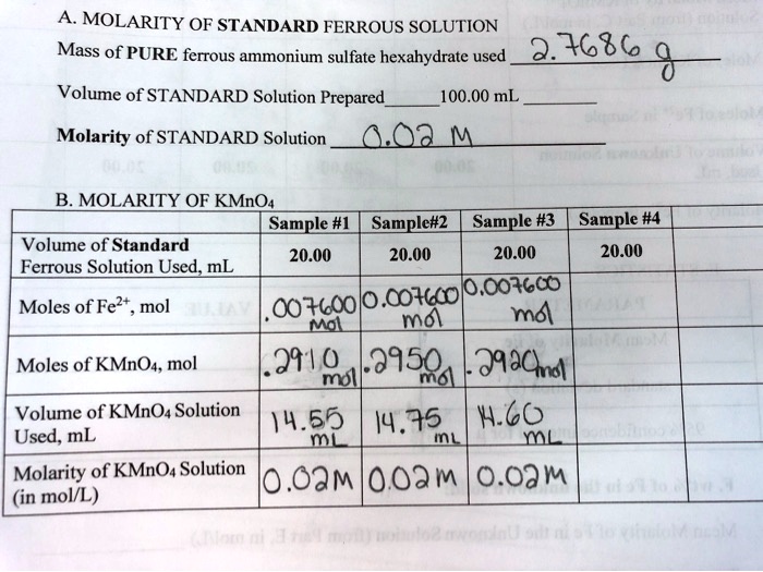 SOLVED: MOLARITY OF STANDARD FERROUS SOLUTION Mass of PURE ferrous ammonium sulfate hexahydrate ...