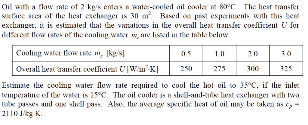 SOLVED: Oil with a flow rate of 2 kg/s enters a water-cooled oil cooler ...