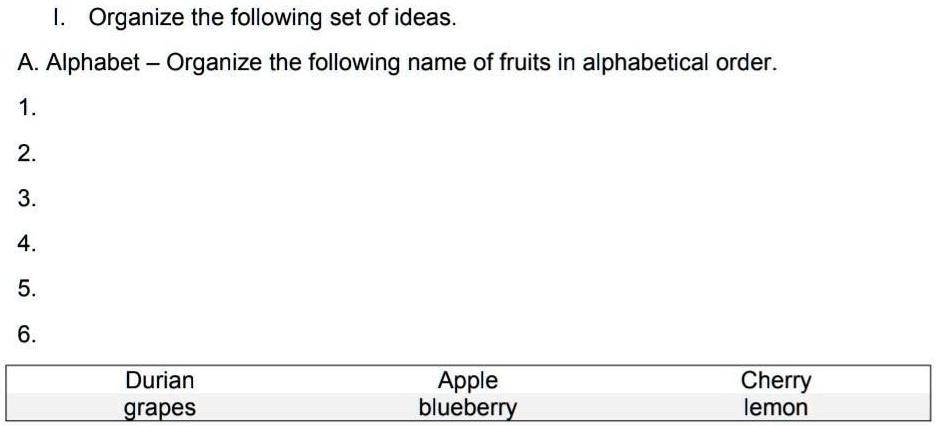 SOLVED: Alphabetically organize the following names of fruits in ... SOLVED: Alphabetically organize the following names of fruits in ...