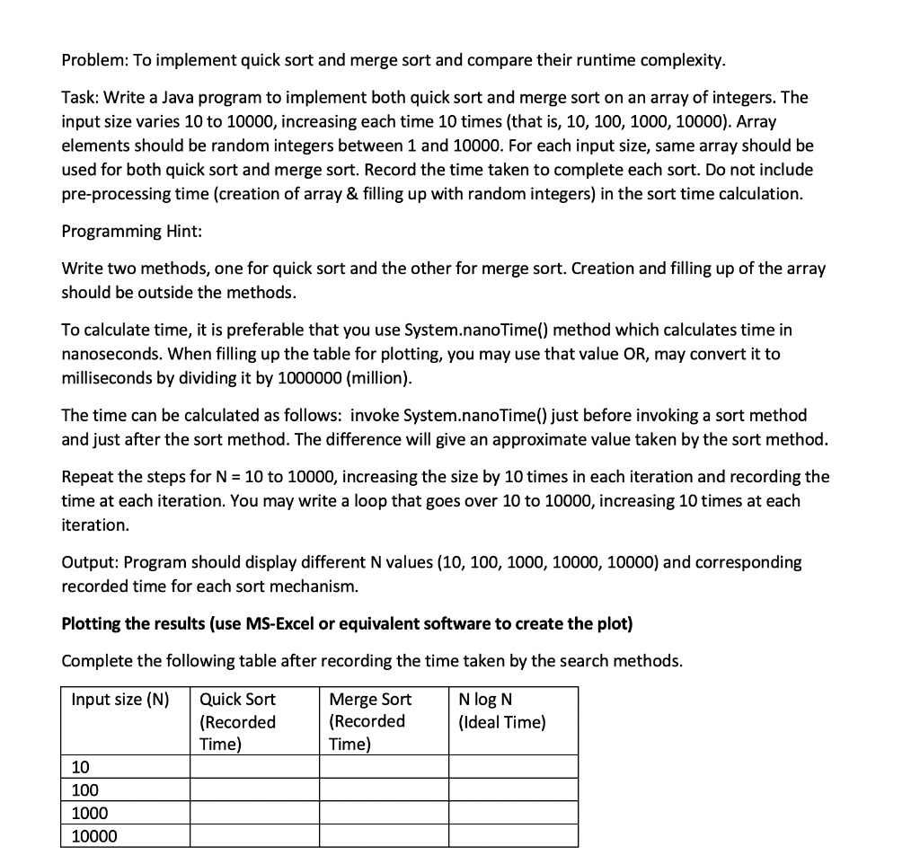 Solved How Do I Calculate The Ideal Time Problem To Implement Quick Sort And Merge Sort And