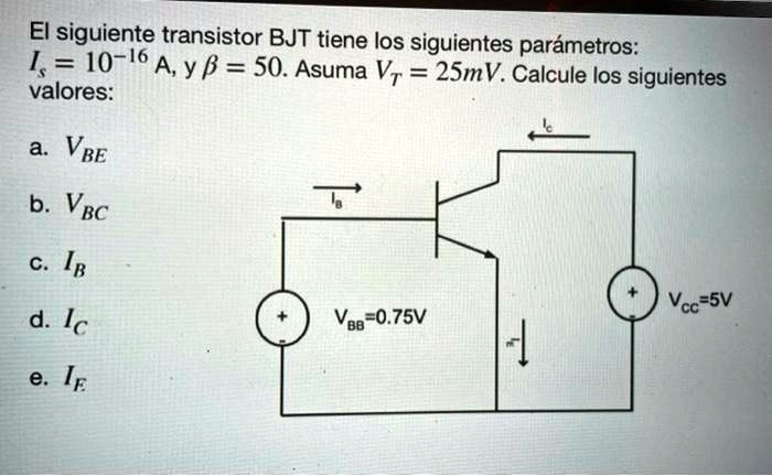 SOLVED: The following BJT transistor has the folllowing parameters: Is =10^-16 B= 50 Vt = 25mV ...