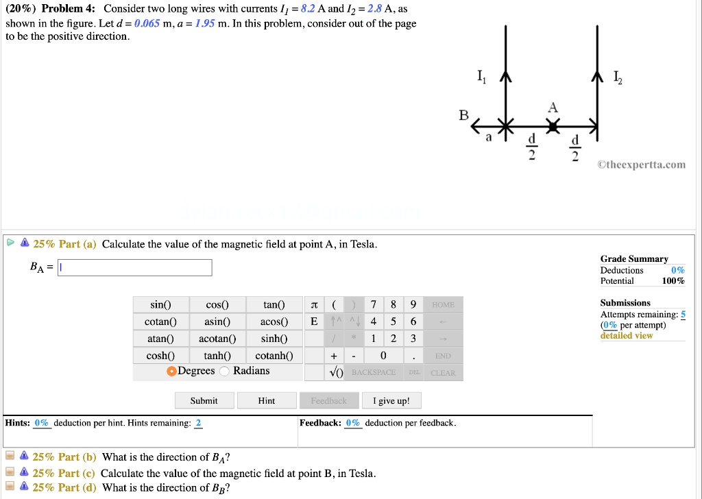 SOLVED: (20 %) Problem 4: Consider two long wires with currents /1 = 8.2 A and /z = 2,8 A,as ...