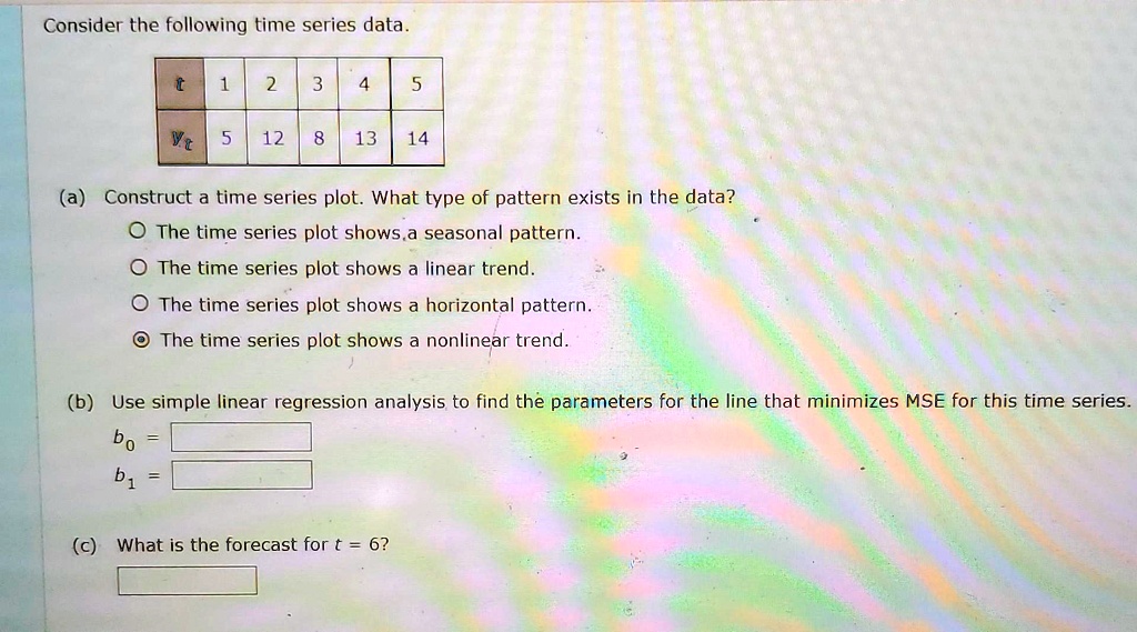 SOLVED: Consider the following time series data: 1 2 3 4 5 V.t 5 12 8 13 14 a) Construct a time ...